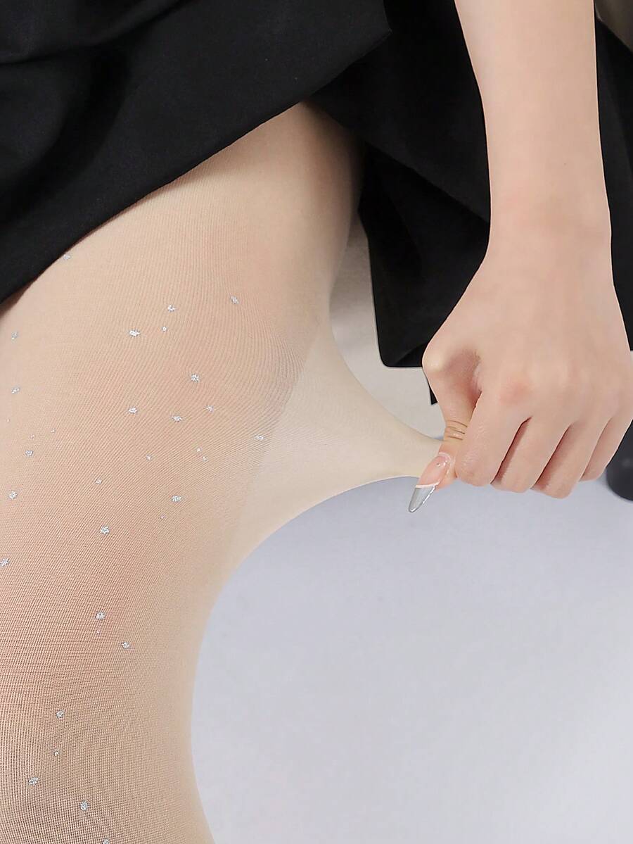 One Pair Of Skin-Tone Spring-Summer Sheer Stockings With Silver Dots, Sexy And Fashionable ...