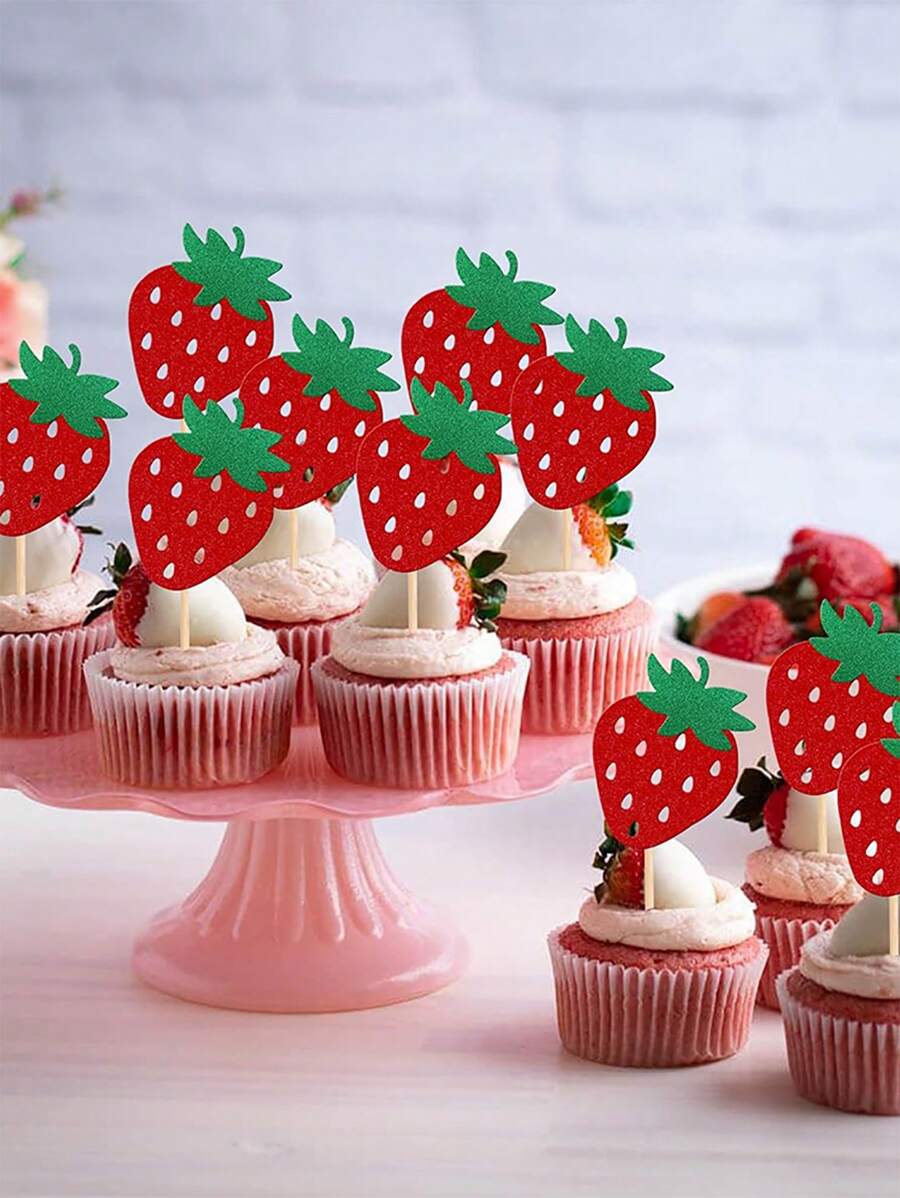 12 Pcs Strawberry Cupcake Toppers Red Glitter Fruit Theme Berry ...