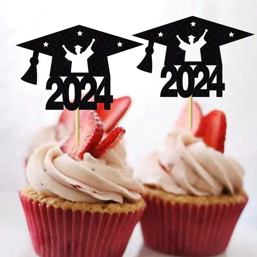 12 PCS 2024 Student Graduation Cupcake Toppers Glitter Graduate Cap ...