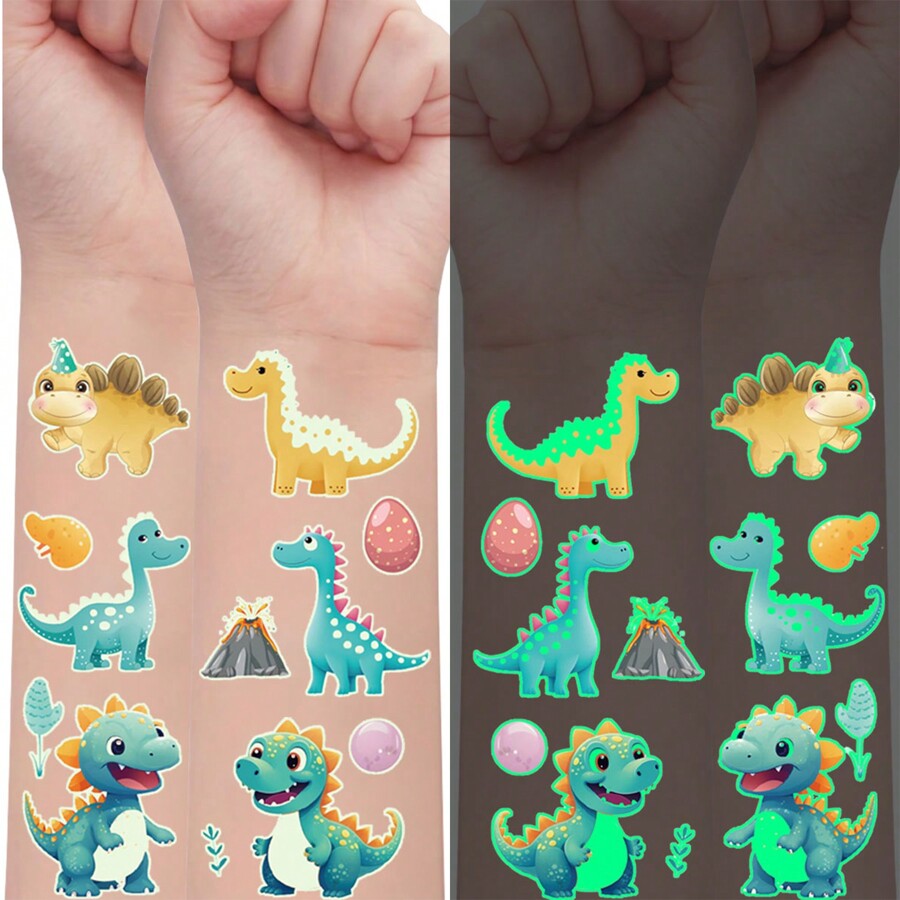 10 Sheets Luminous Dinosaur Tattoo Stickers,130pcs Blue Cute Cartoon ...