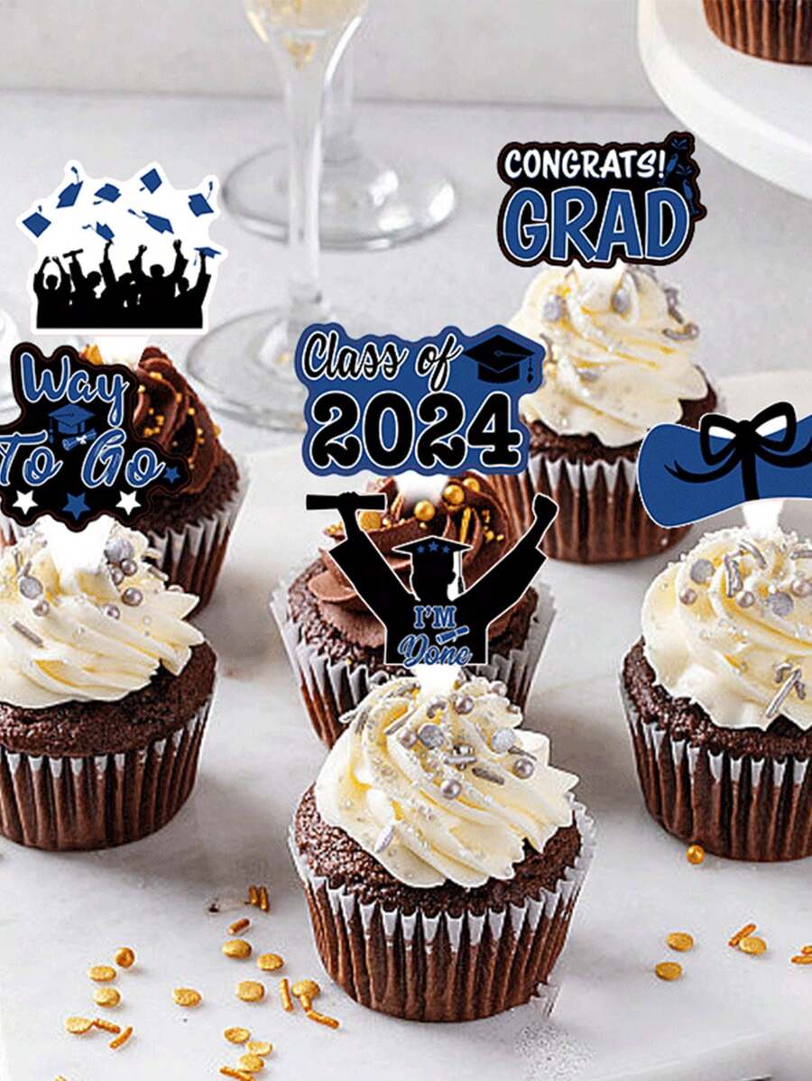 24pcs Graduation Cupcake Toppers Blue Grad Cap Diploma Cupcake Toppers ...