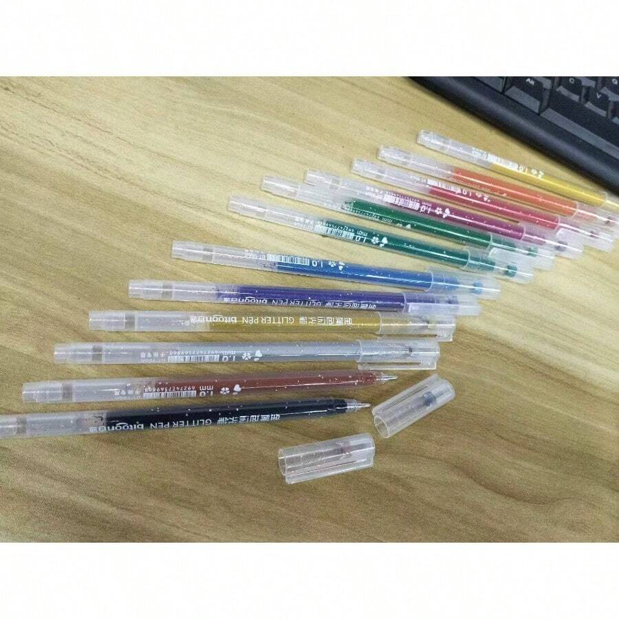 12-Color Flash Pen Gel Pens Highlighter With Glittering Powder Beads ...
