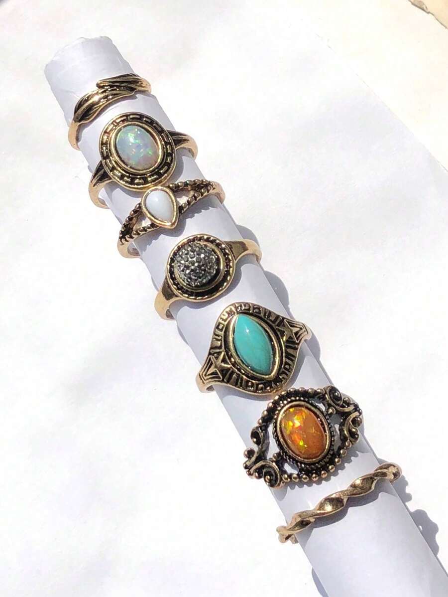 Set Of 7 Antique Gold-Color Distressed Jewel Inlay Hollow Patterned ...