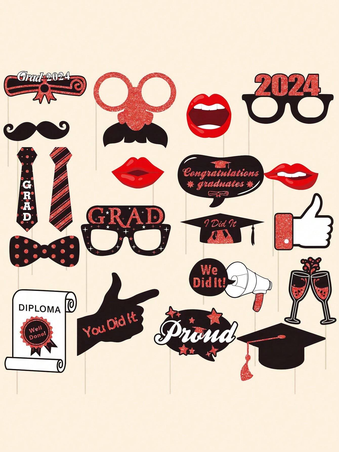 20pcs Graduation Party Photo Props Red Handheld Sign Glasses Book ...