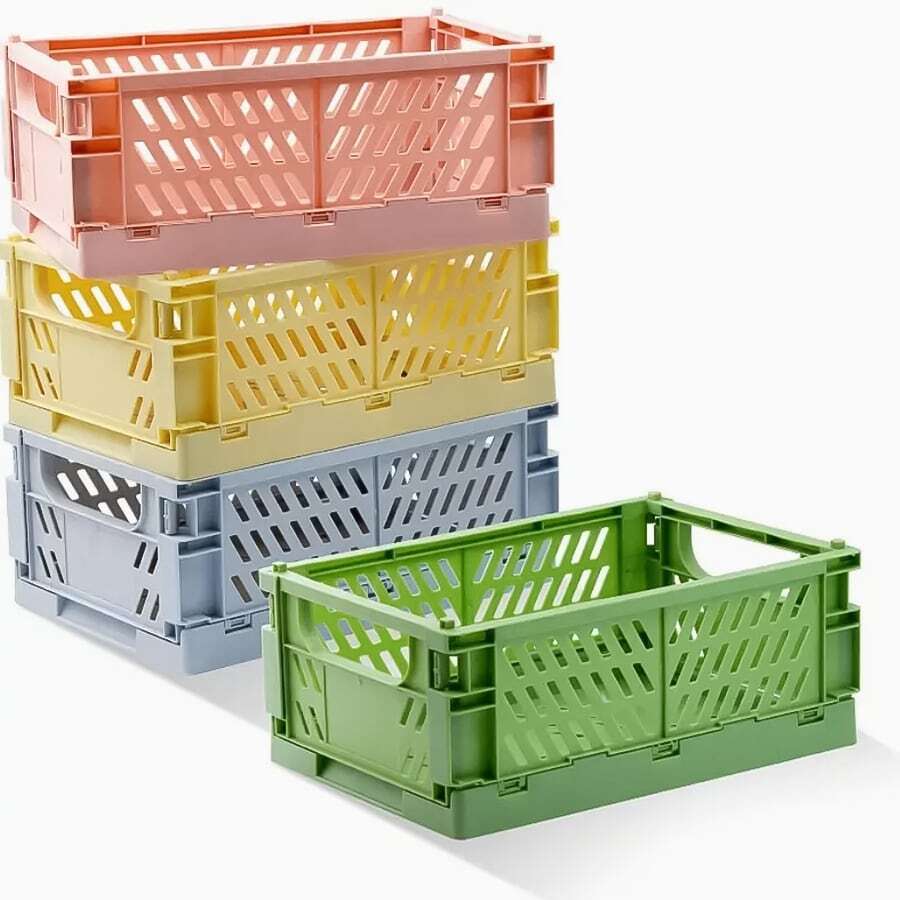 4 Pastel Crates For Storage, Plastic Folding Baskets, Cute Colorful ...