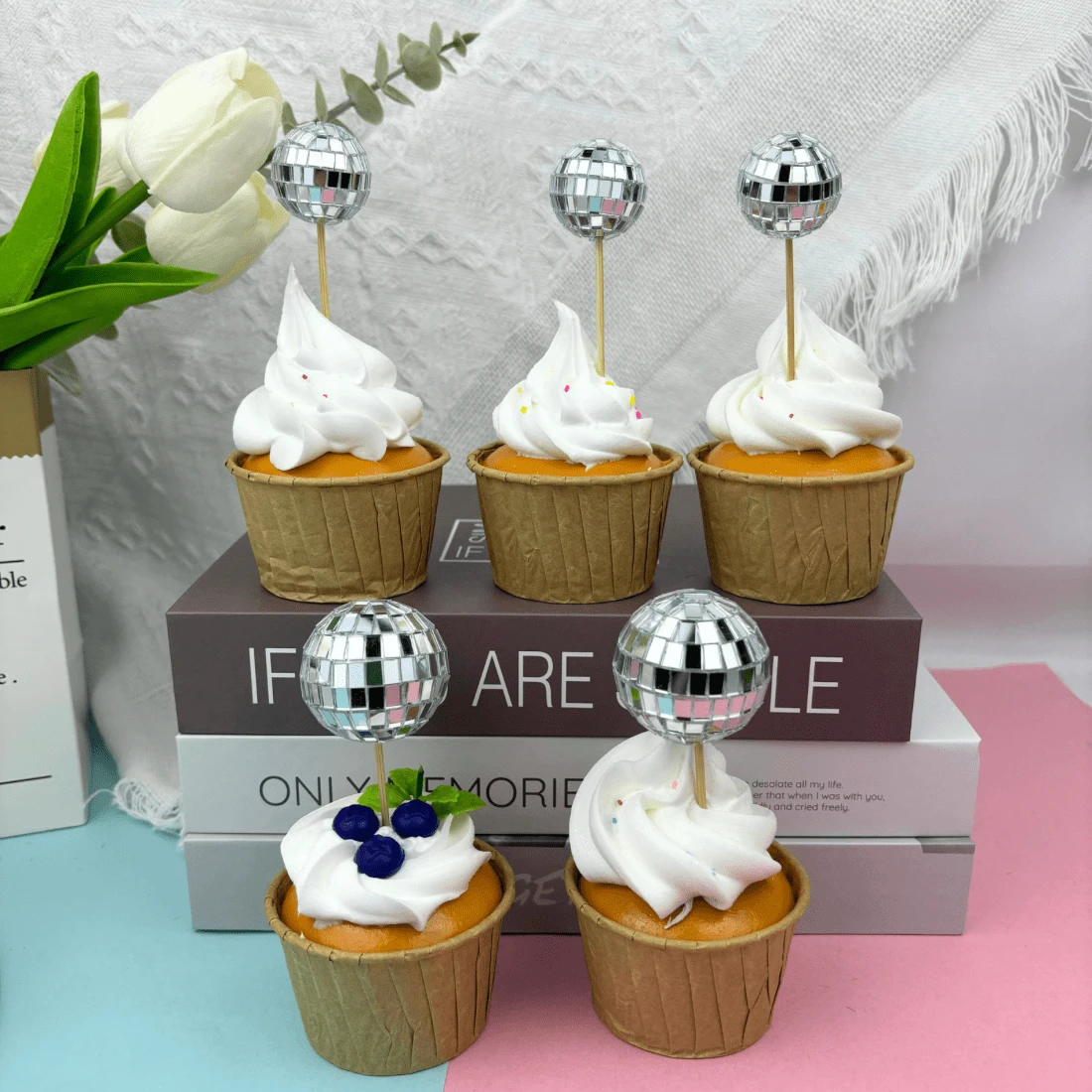 Set Of 15 DIY Disco Ball Paper Cupcake Toppers, 70s Disco Cake Centerpiece Decoration, Disco ...