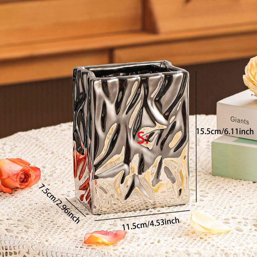 1pc Silver Crinkle Paper Bag Ceramic Vase, Unique Square Wide Mouth ...