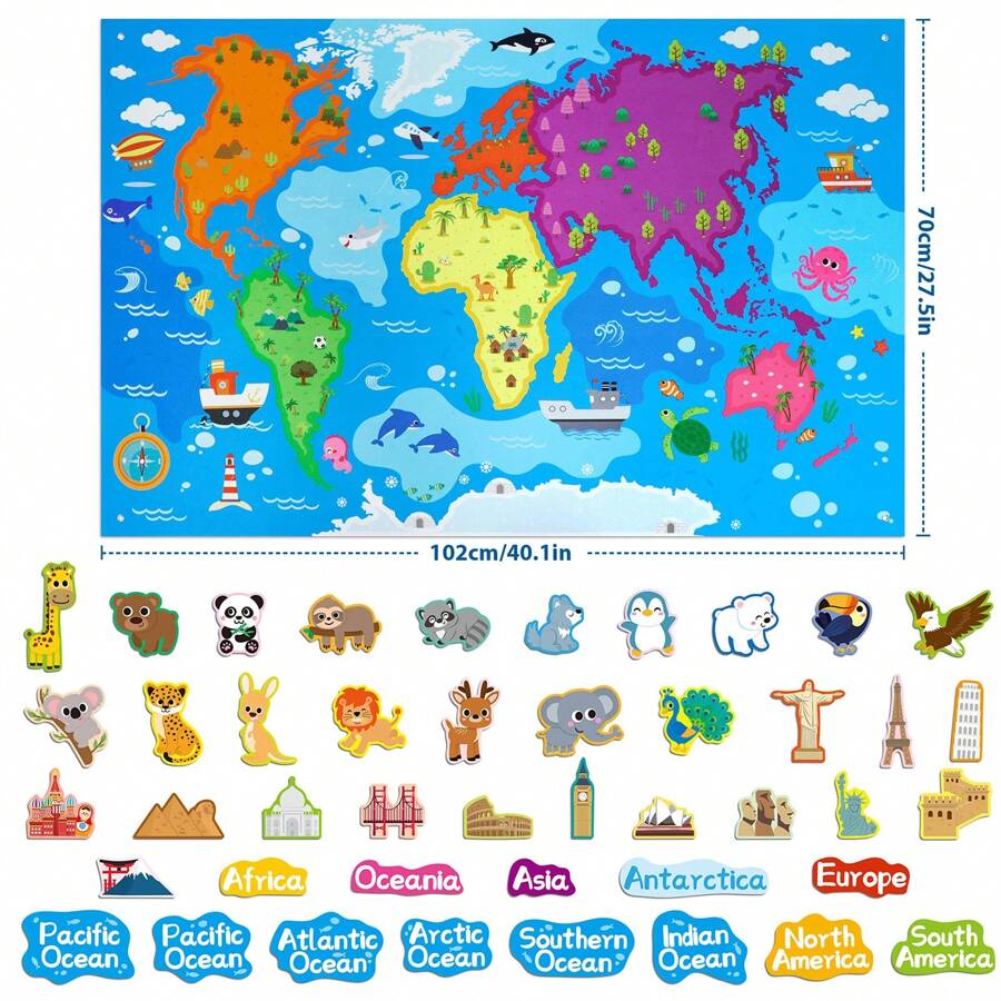 40x27 Inch World Map Felt Board Set, World Map Felt Set, Inertactive ...