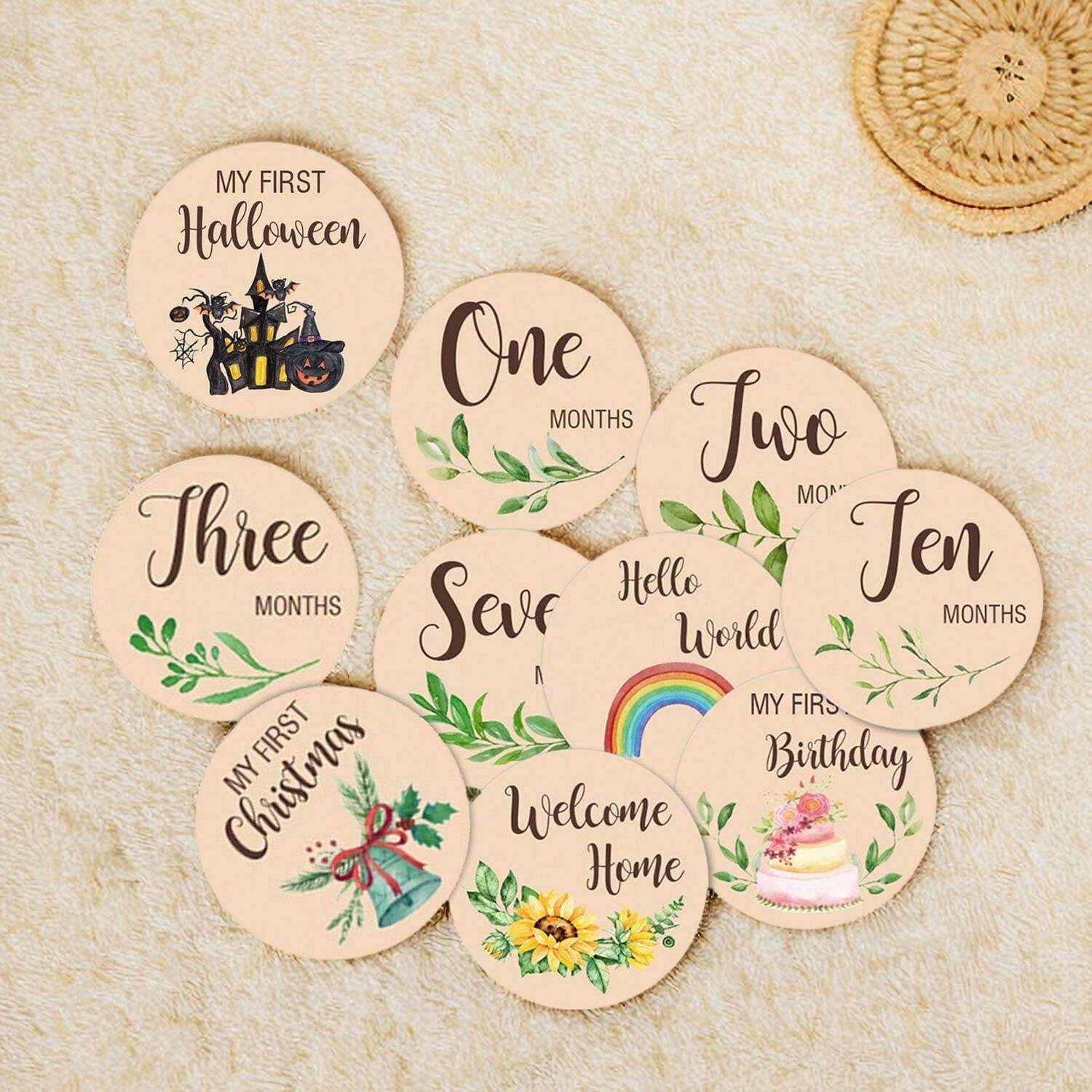 10 Pieces Wooden Birth Flower Cards For Newborn, Monthly Milestone ...