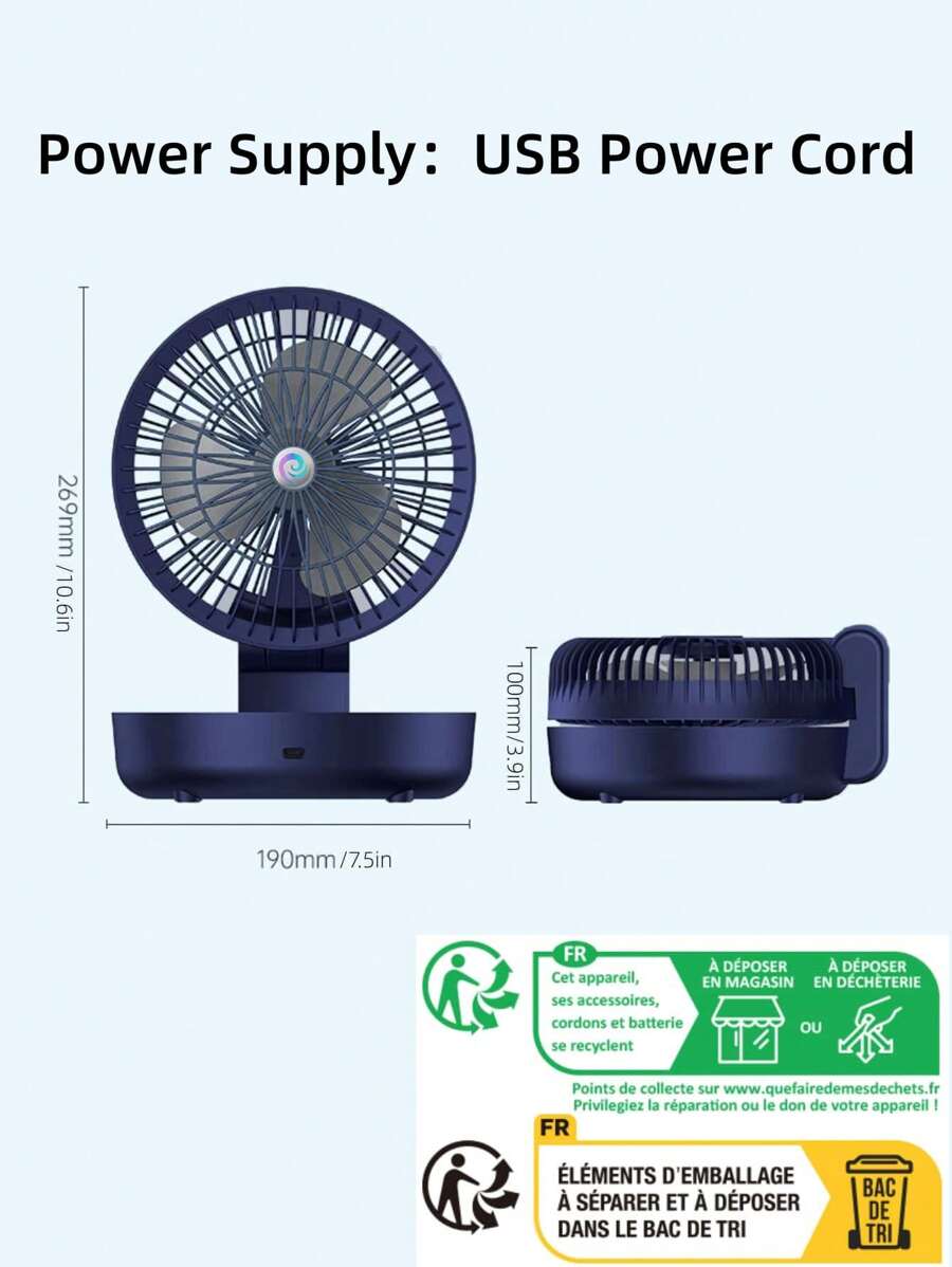 USB Powered Foldable Fan With 3 Speeds And 2 Light Modes: Portable ...