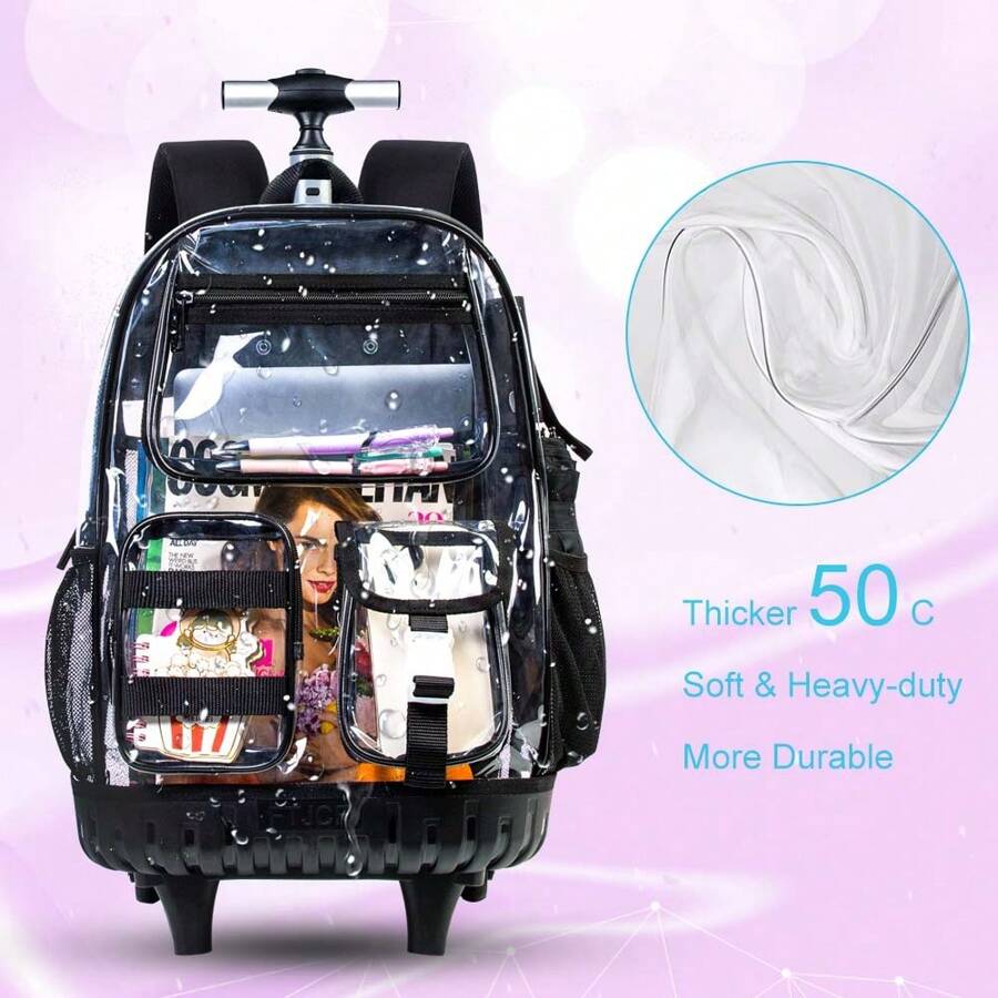 Rolling Clear Backpack For Women, Heavy Duty PVC Transparent Wheeled ...