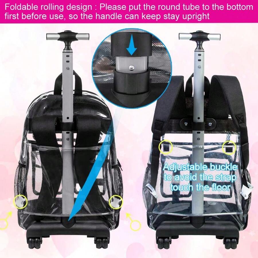 Rolling Clear Backpack For Women, Heavy Duty PVC Transparent Wheeled ...