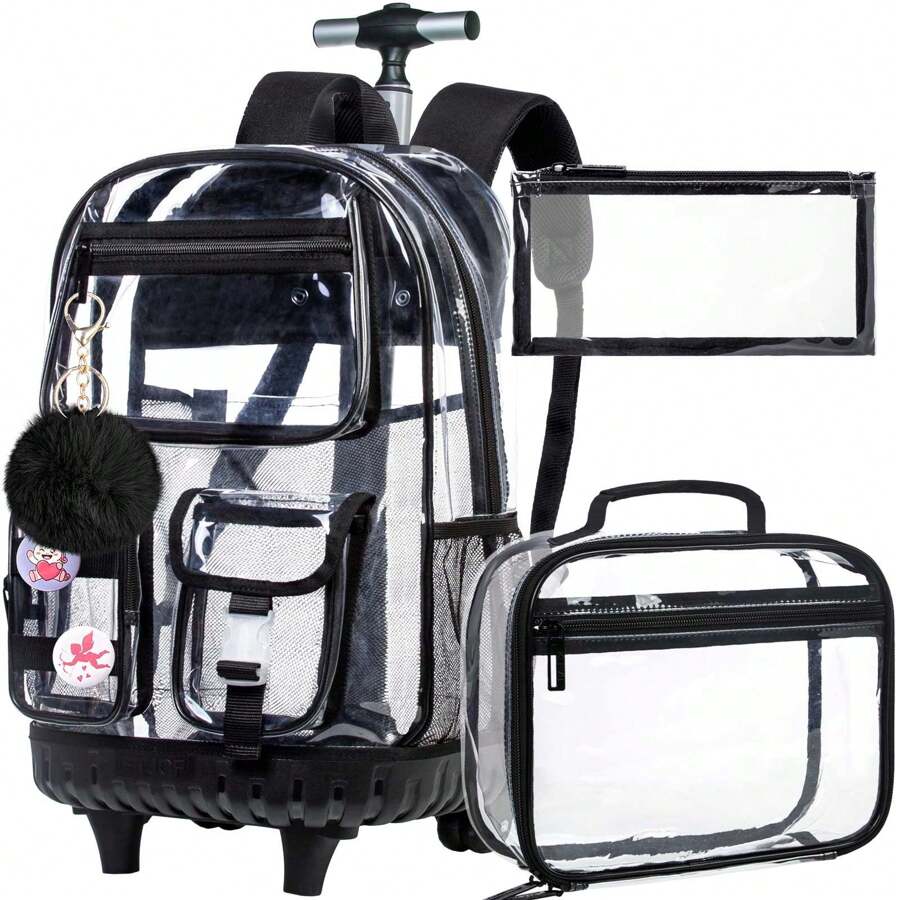 Rolling Clear Backpack, Heavy Duty PVC Transparent Wheeled Bookbag, See ...