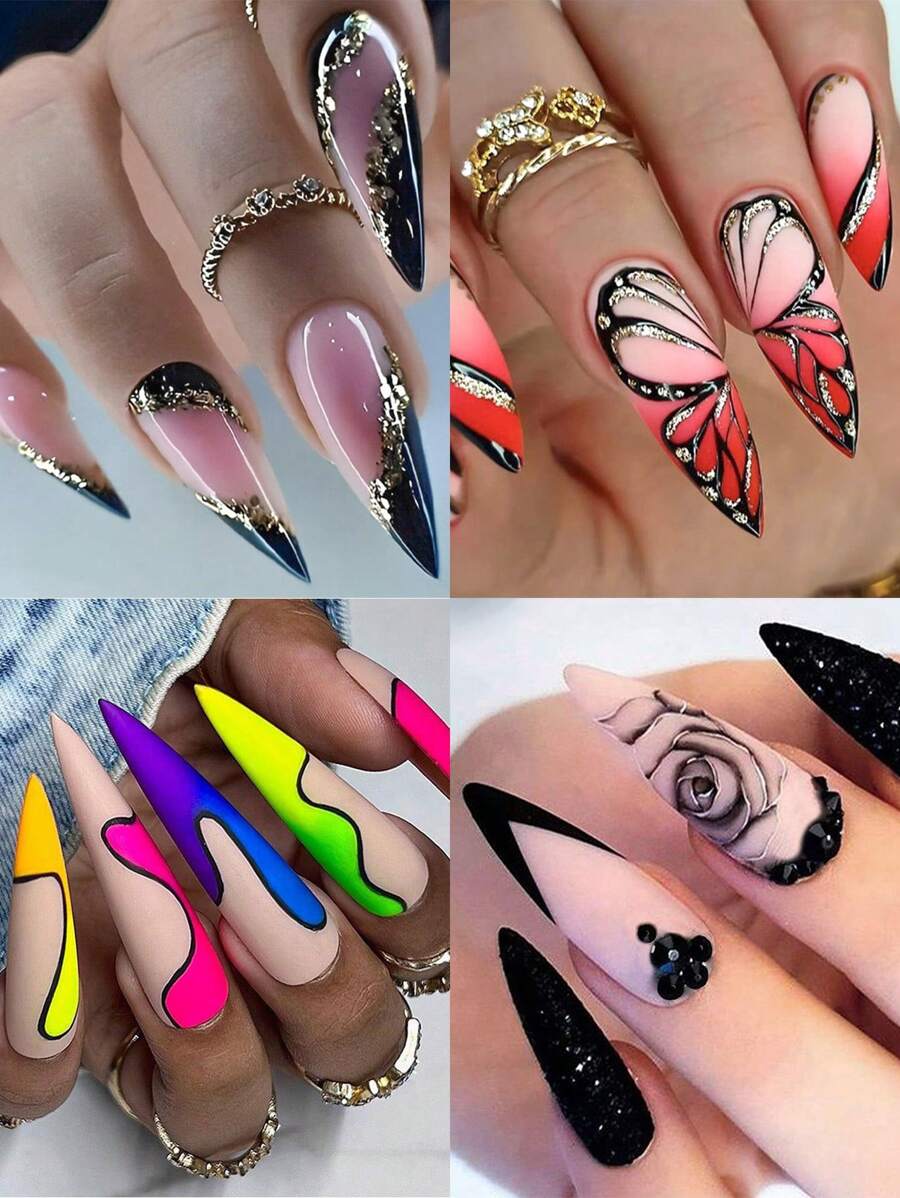 96 Stücke Lang Mandel Design Hochglanz Druck auf Kunstnägel mit ...