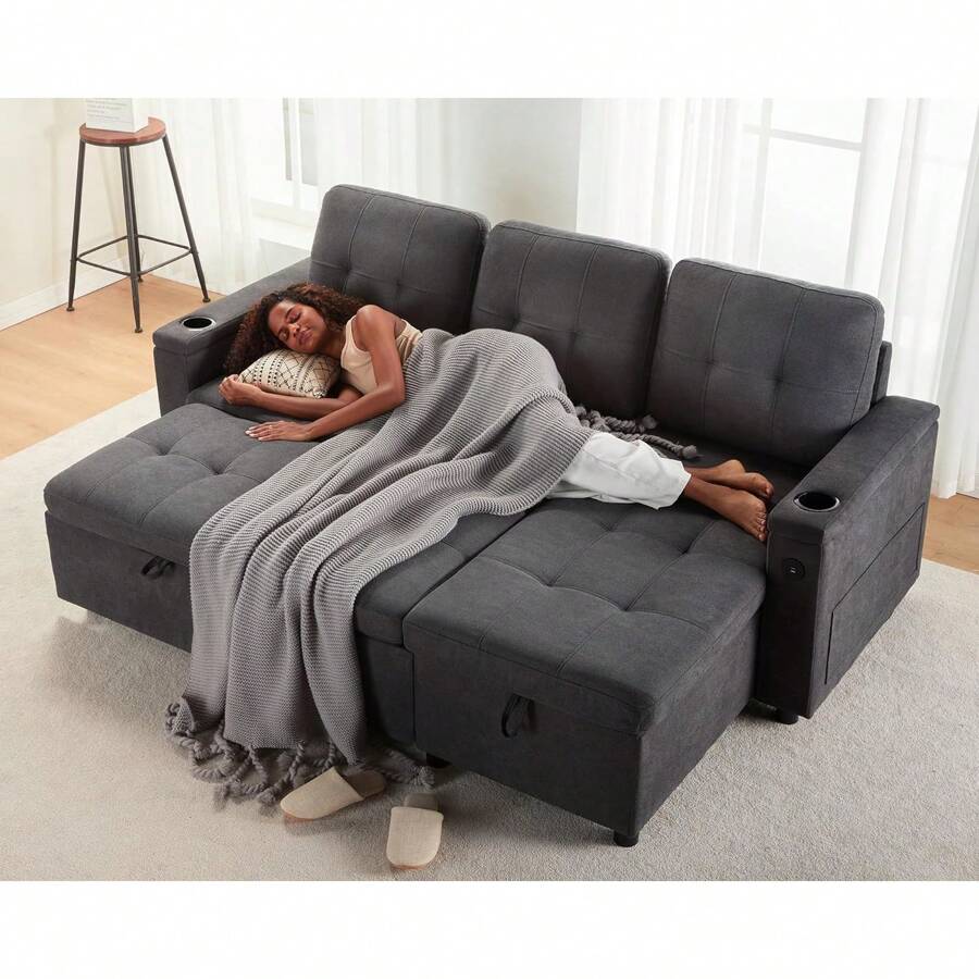 Sleeper Sofa, Multi-Functional Couch Bed With USB Charging Ports & Cup Holders, Pull Out Sofa ...
