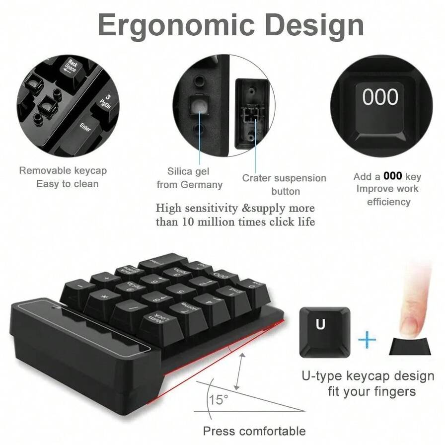 Portable Number Pad Mini USB 2.4GHz 19-Key Financial Accounting Numeric ...
