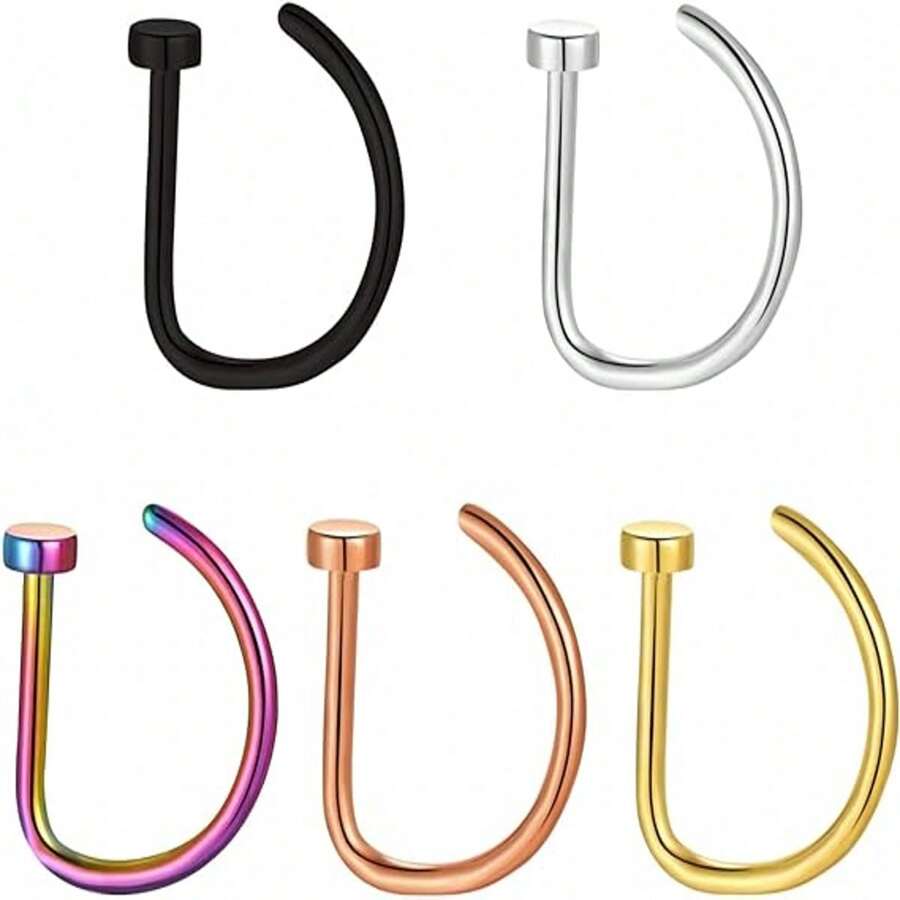 5-Piece D-Shaped Fake Nose Band Set, Silver Artificial Nose Ring Nose ...