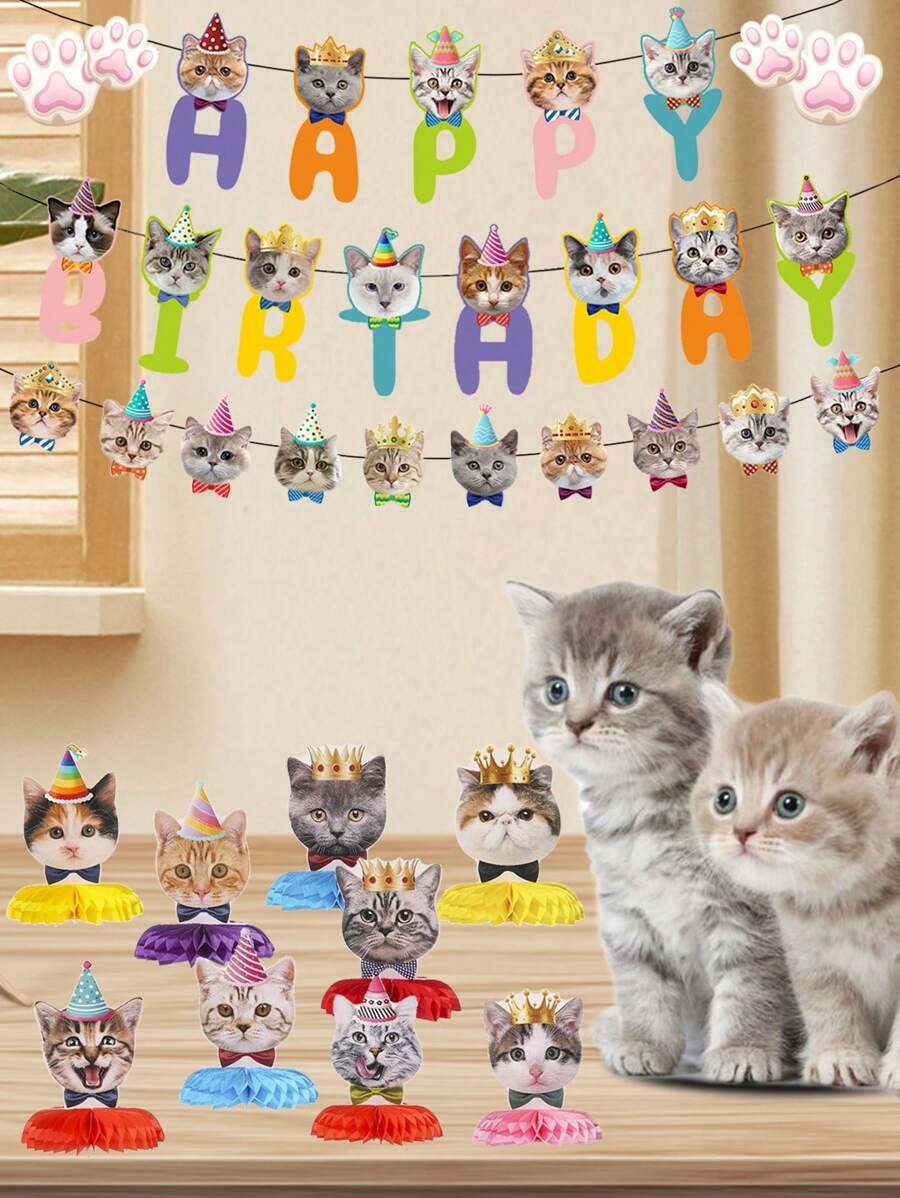 Cat Themed Birthday Party Supplies And Decorations, Including Happy ...