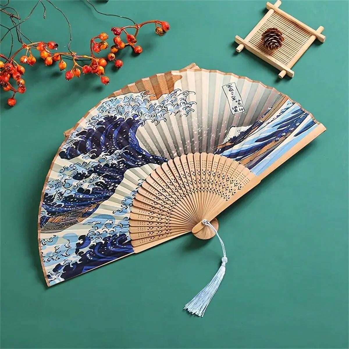 Japanese Folding Fan Handmade Decorative Kanagawa Wave Foldable Fan ...