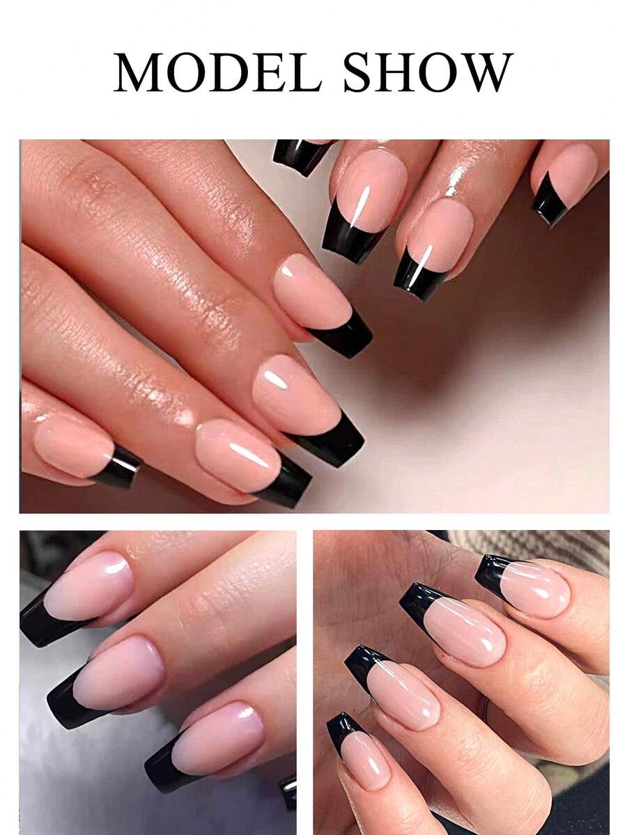 120 PCS Black Edged Medium Square Trapezoidal French Nail Tips, Full ...