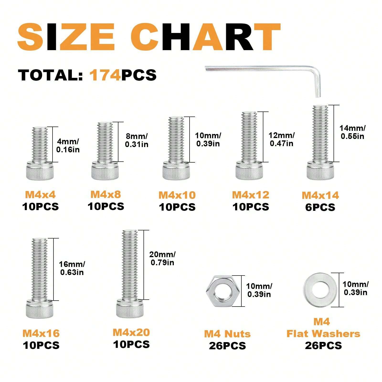 174pcs M4 Cup Head Hex Bolts, M4x (4/8/10/12/14/16/20mm) Stainless ...