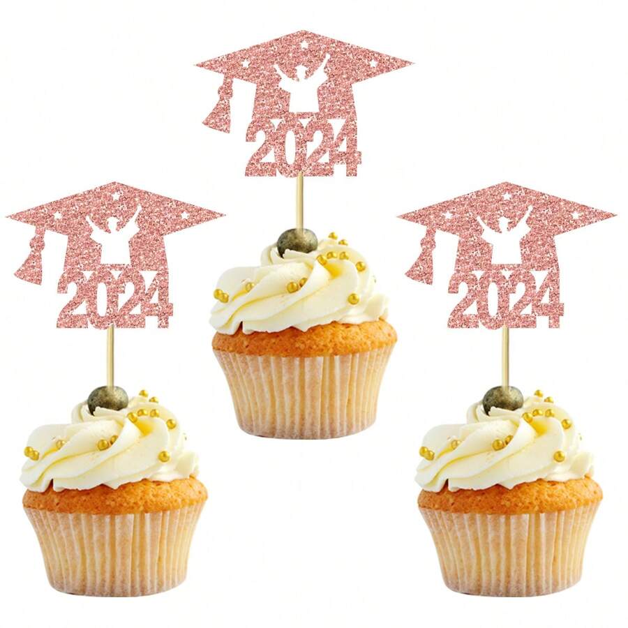 12 PCS 2024 Student Graduation Cupcake Toppers Glitter Graduate Cap ...