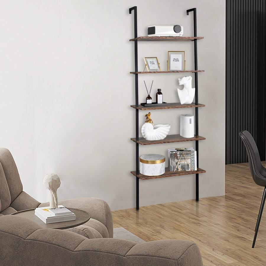 5 Tier Ladder Shelf Bookcase, Extra Sturdy Modern Bookshelf Wall ...