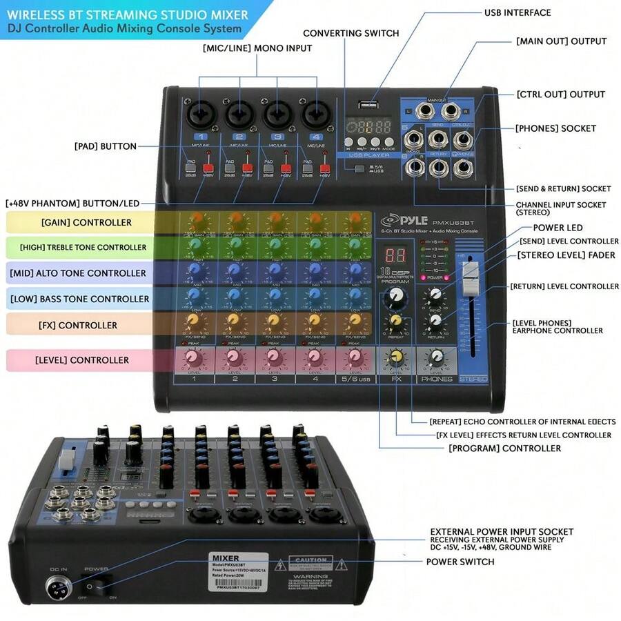 6-Ch. Bluetooth Studio Mixer - DJ Controller Audio Mixing Console ...