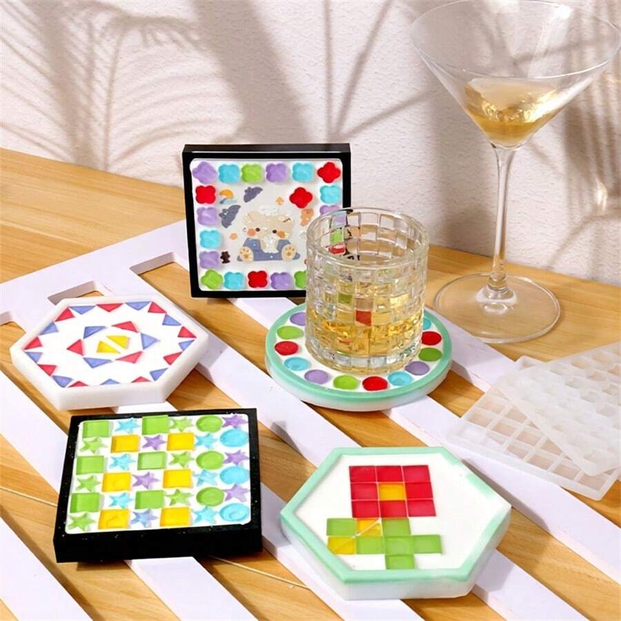 DIY Creative Jigsaw Silicone Mold Mosaic Coaster Sticker Glue Mold Kids ...