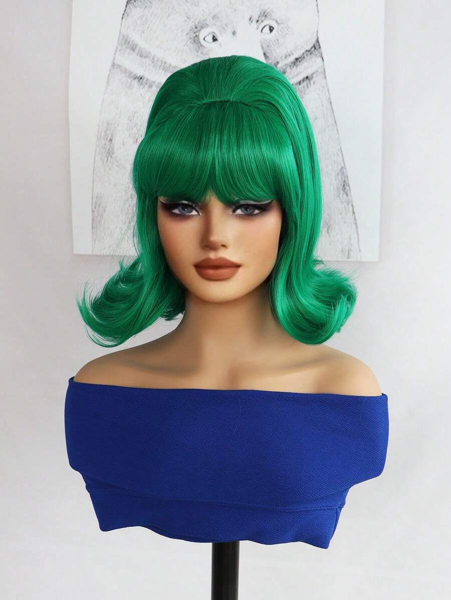 Retro Green Wig Short Bouffant Straight Flip Wavy Beehive Wig 50s 60s ...