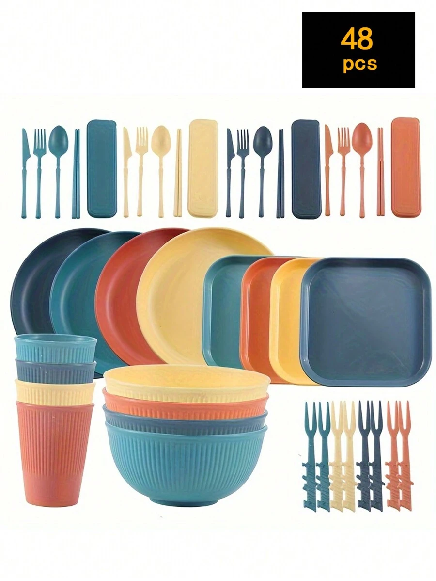 48-Piece Unbreakable Wheat Straw Tableware Set, Suitable For Camping ...