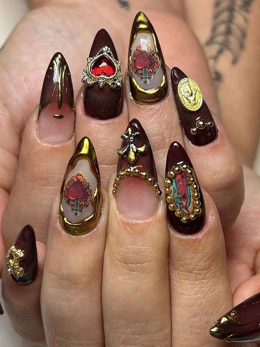 24PCS Vintage Baroque Relief Style Nails, Transparent Ice Velvet & Rose ...