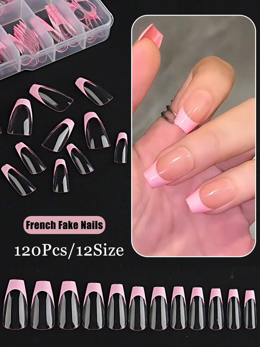 120 PCS Pink Edged Medium Square Trapezoidal French Nail Tips, Full ...