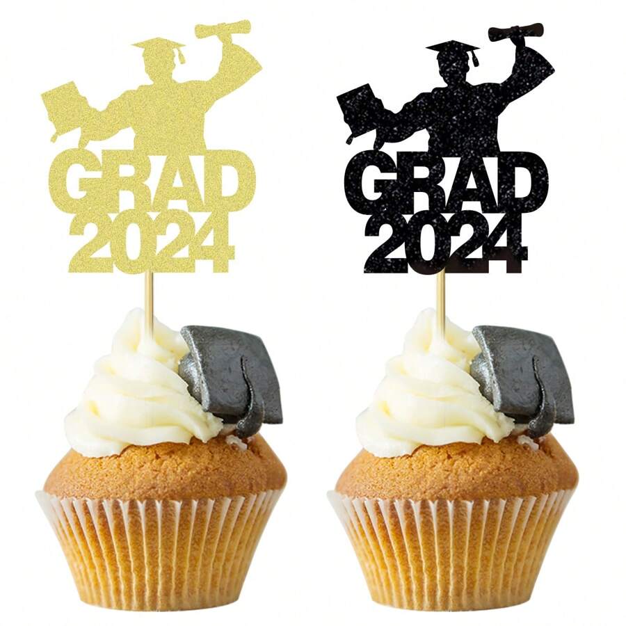 12 PCS 2024 Student Graduation Cupcake Toppers Glitter GRAD 2024 ...