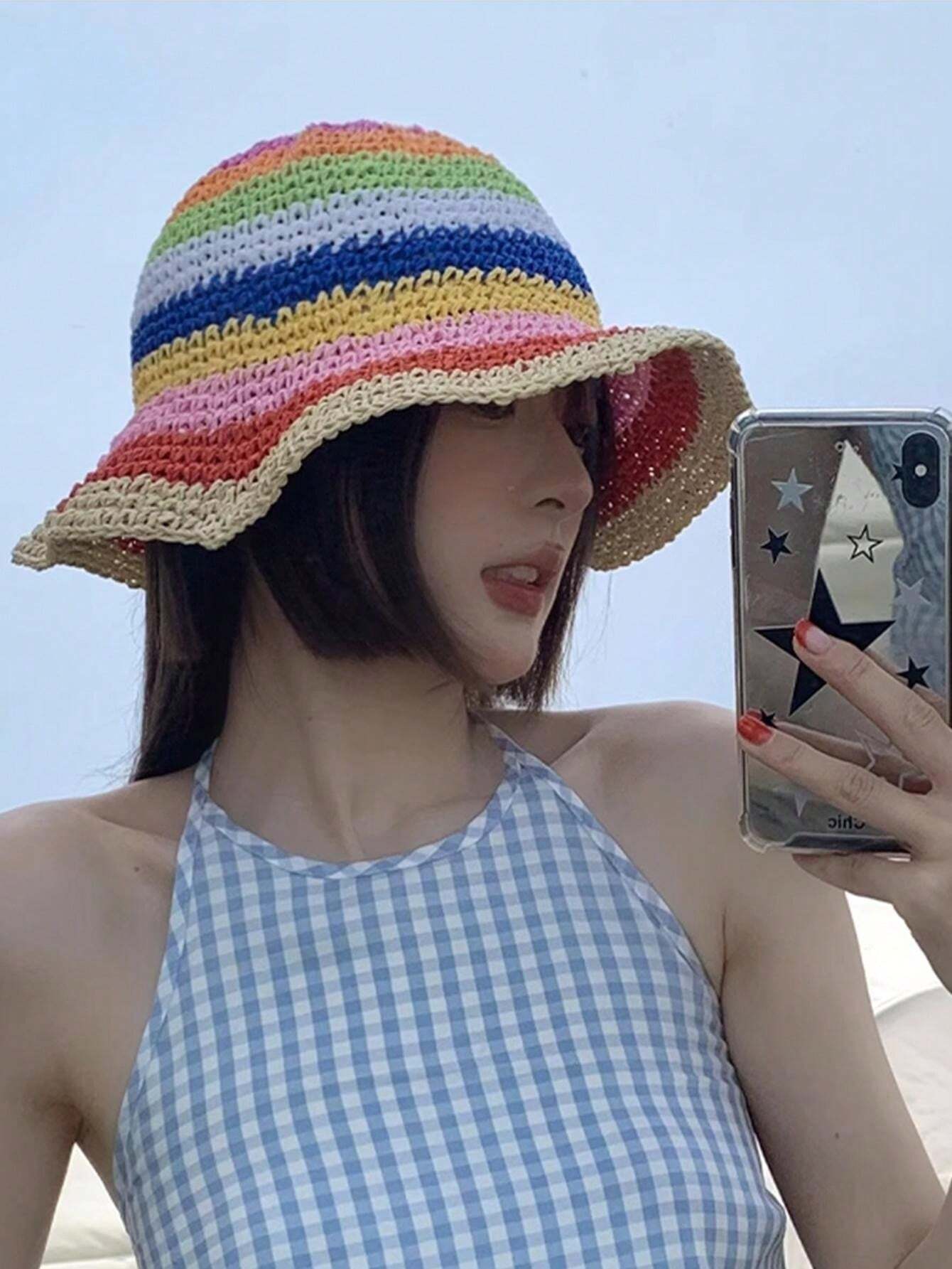 One Women Rainbow Stripe Multicolor Crocheted Knit Fishing Hat ...
