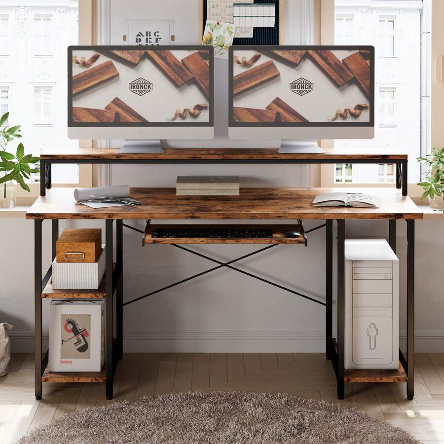 IRONCK Computer Desk , Home Office Desk With Keyboard Tray, Monitor ...
