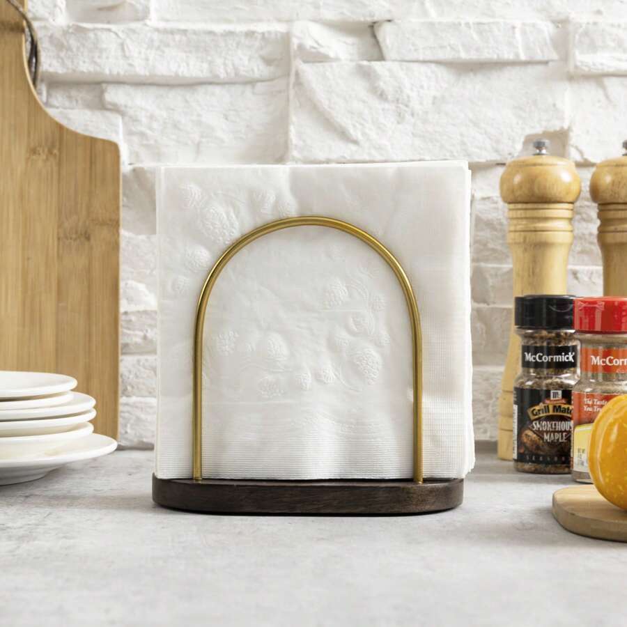 Brass Metal Wire With Brown Wood Base Kitchen Napkin Holder, Tabletop ...