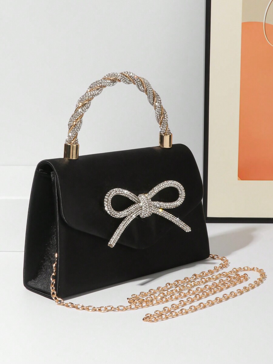 SIIZA Black Satin Women's Glitter Rhinestone Bow Decor Evening Bag Prom ...