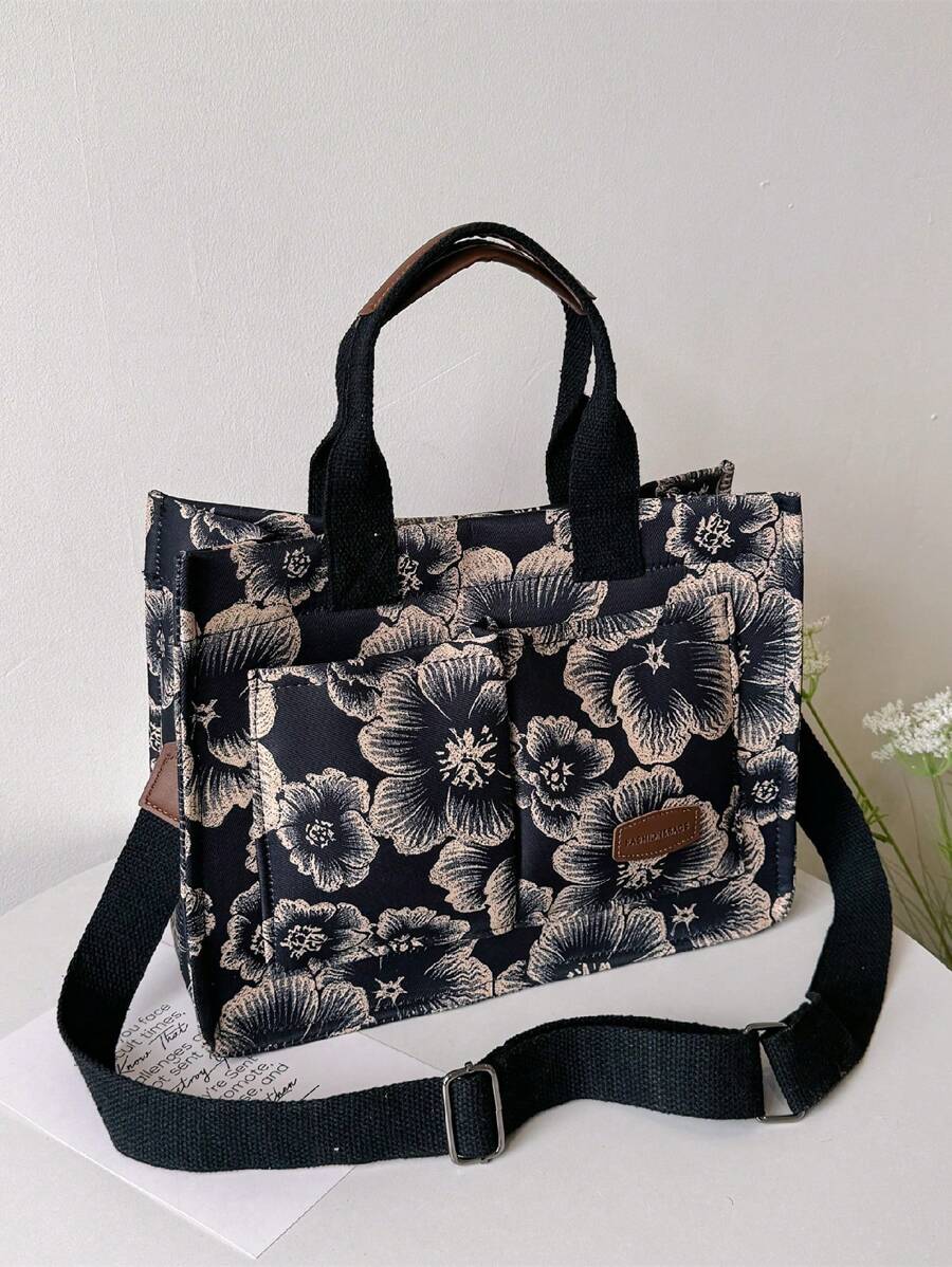 Fashionable Retro Floral Print Tote Bag With Random Patterns, Versatile ...