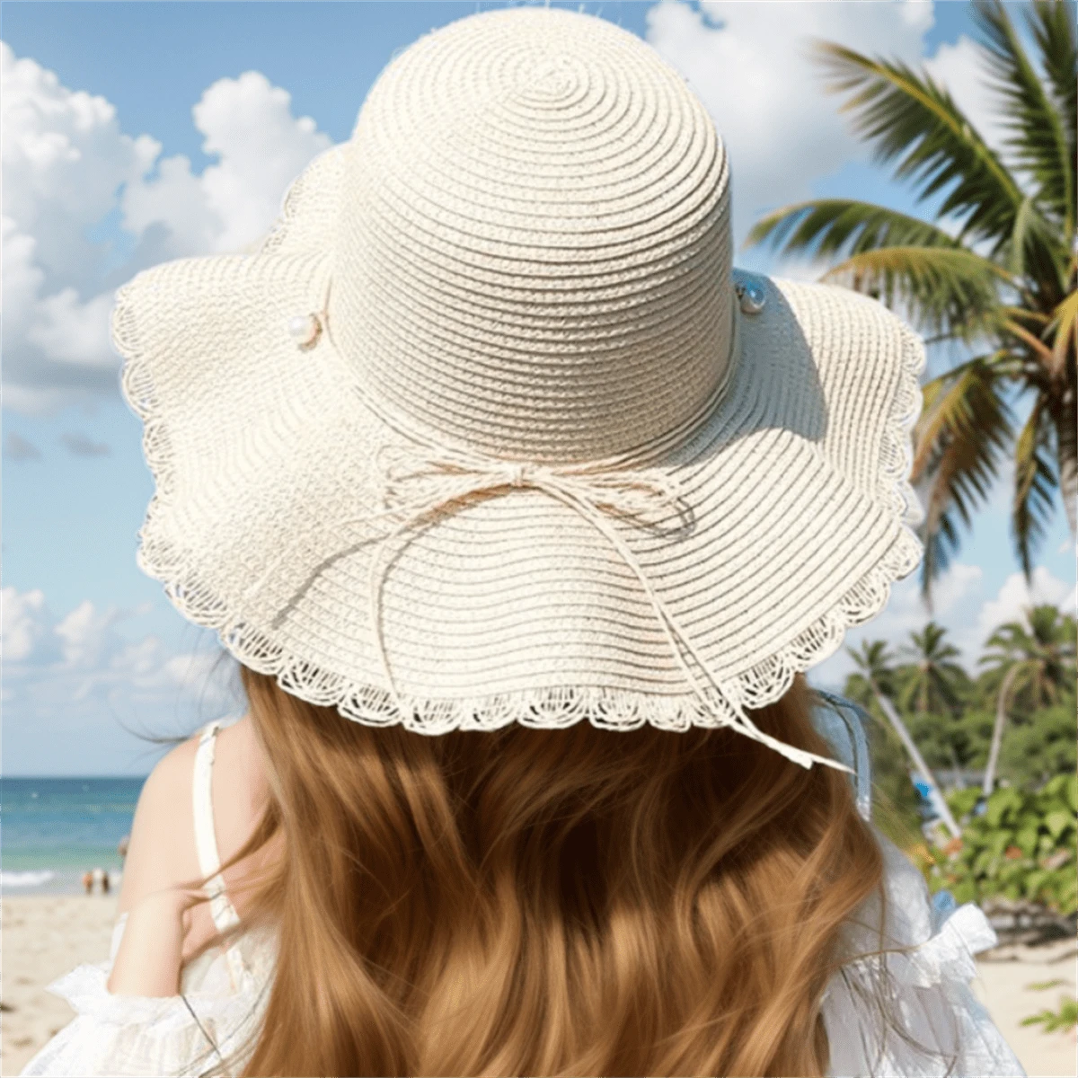 1pc Bohemia Style Wave Wide Brim Straw Hat With Pearl Detail, Korean ...