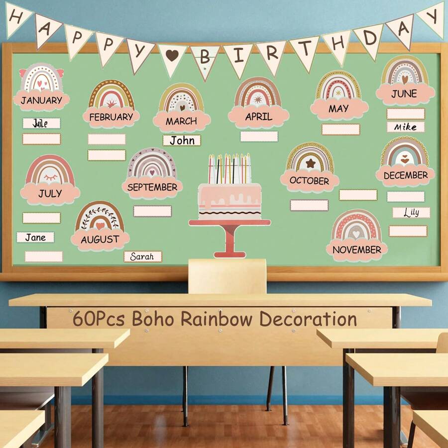 60Pcs Boho Rainbow Birthday Bulletin Board Decor Set, Happy Birthday ...