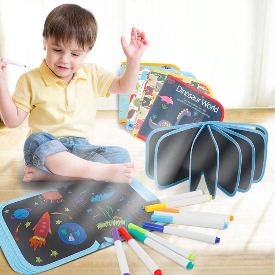 14-Page Drawing Board Children Reusable Coloring Book With 12 ...