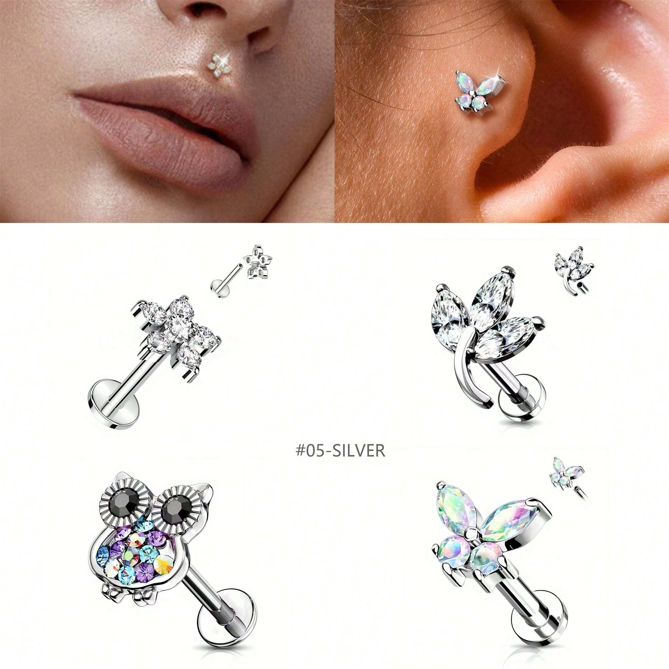 Conjunto de cuatro piezas de aretes y anillos de labio, que incluye ...