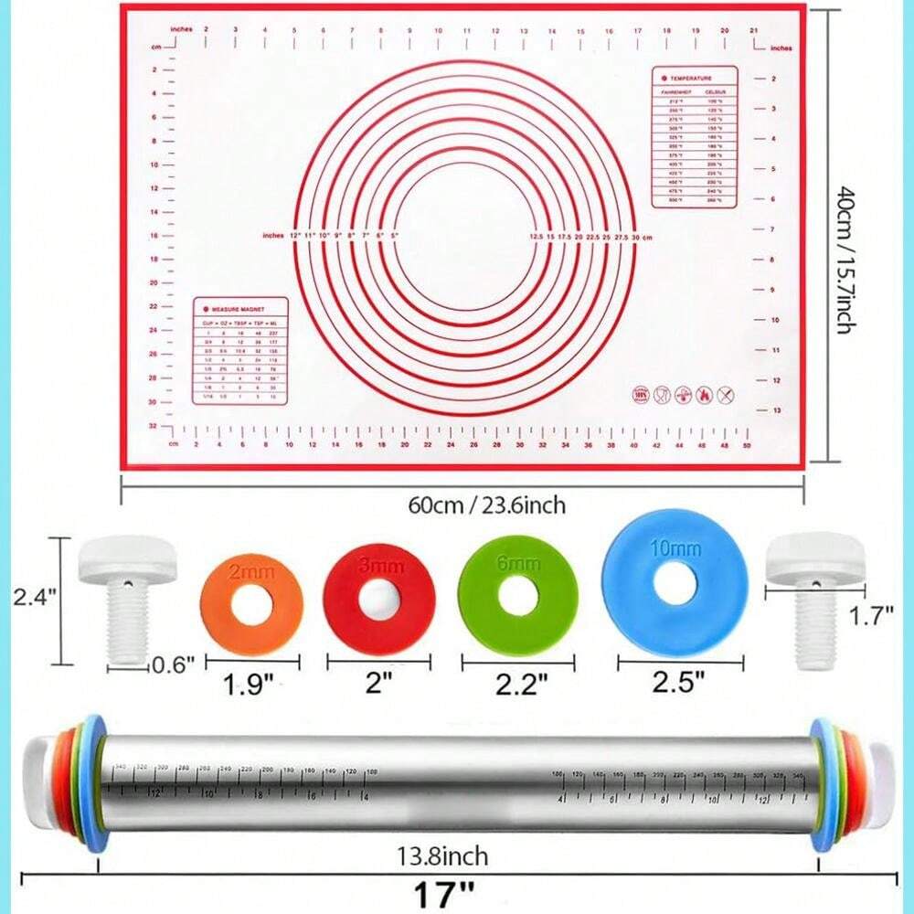 Rolling Pin And Silicone Baking Pastry Mat Set, Stainless Steel Dough ...