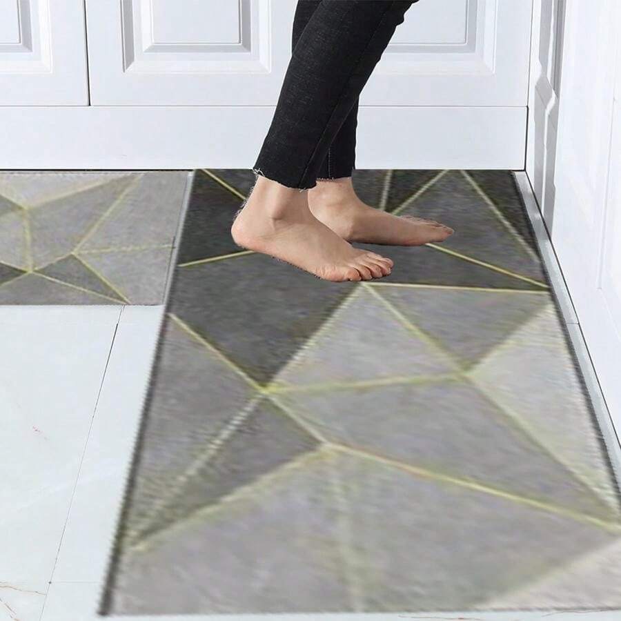 2pcs Grey Rectangular Kitchen Carpets With Crystal Velvet Geometric ...