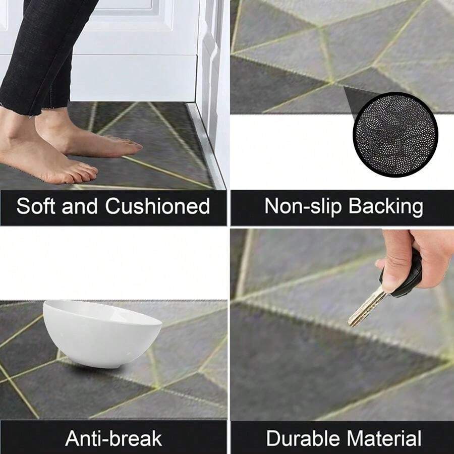 2pcs Grey Rectangular Kitchen Carpets With Crystal Velvet Geometric ...