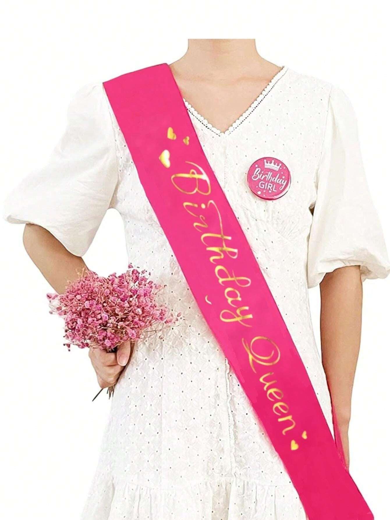 1pc Birthday Sash For Women - Soft Satin Rose Red Sash With Gold Foil ...