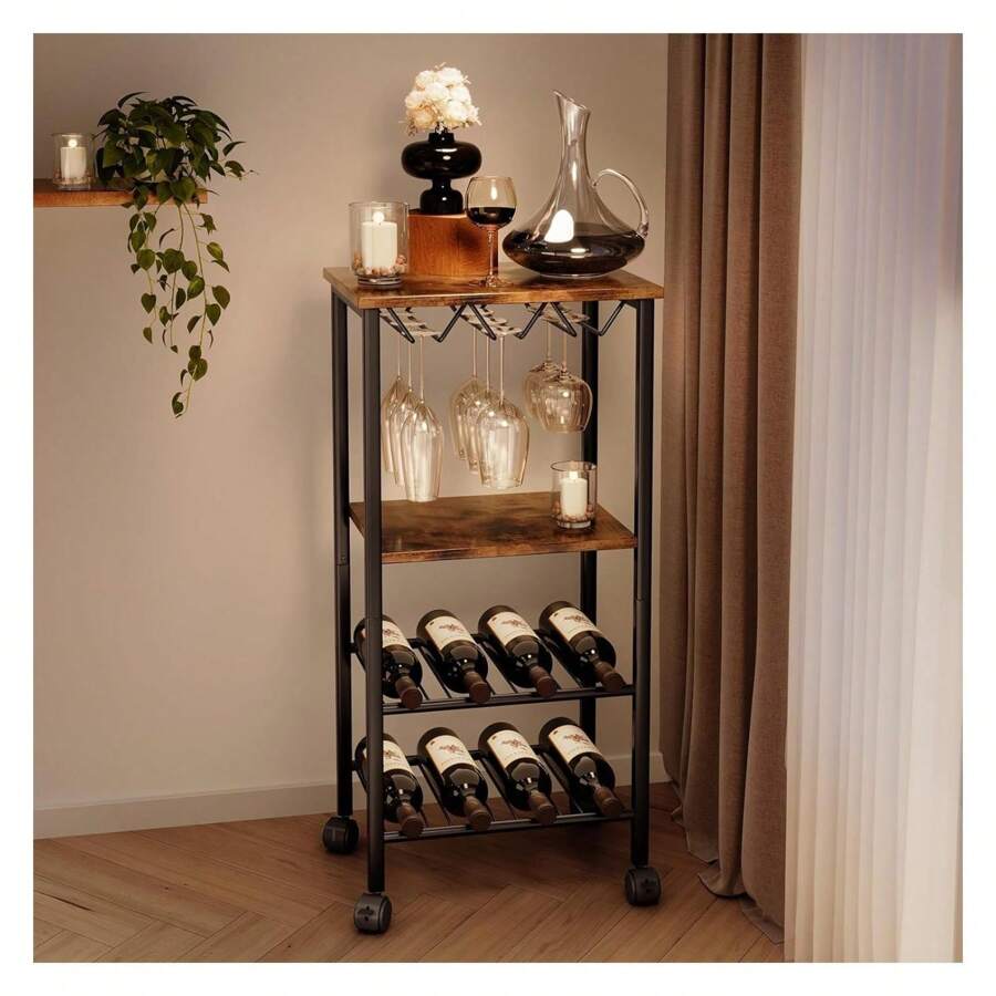 Freestanding Wine Rack Floor Table, 4 Tier Wine Bar Cart With Glasses ...