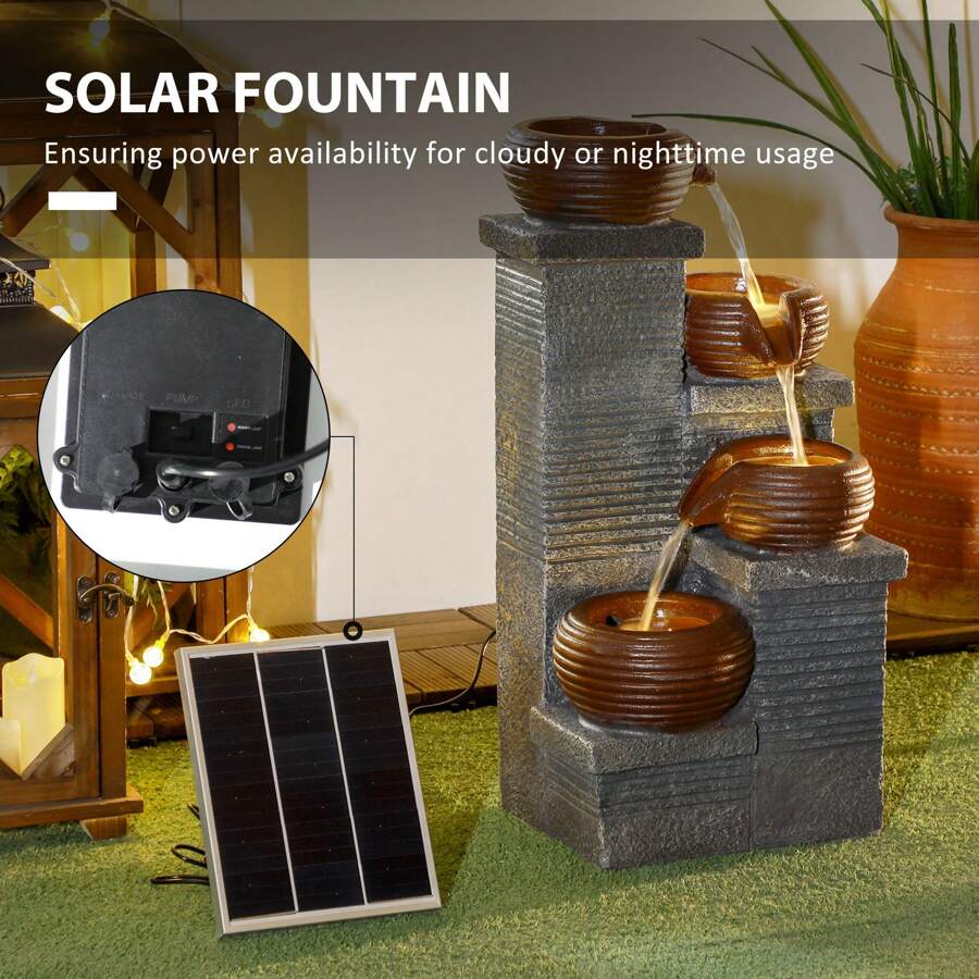 Outsunny Solar Powered Garden Water Feature With LED Lights And Pump, 4 ...
