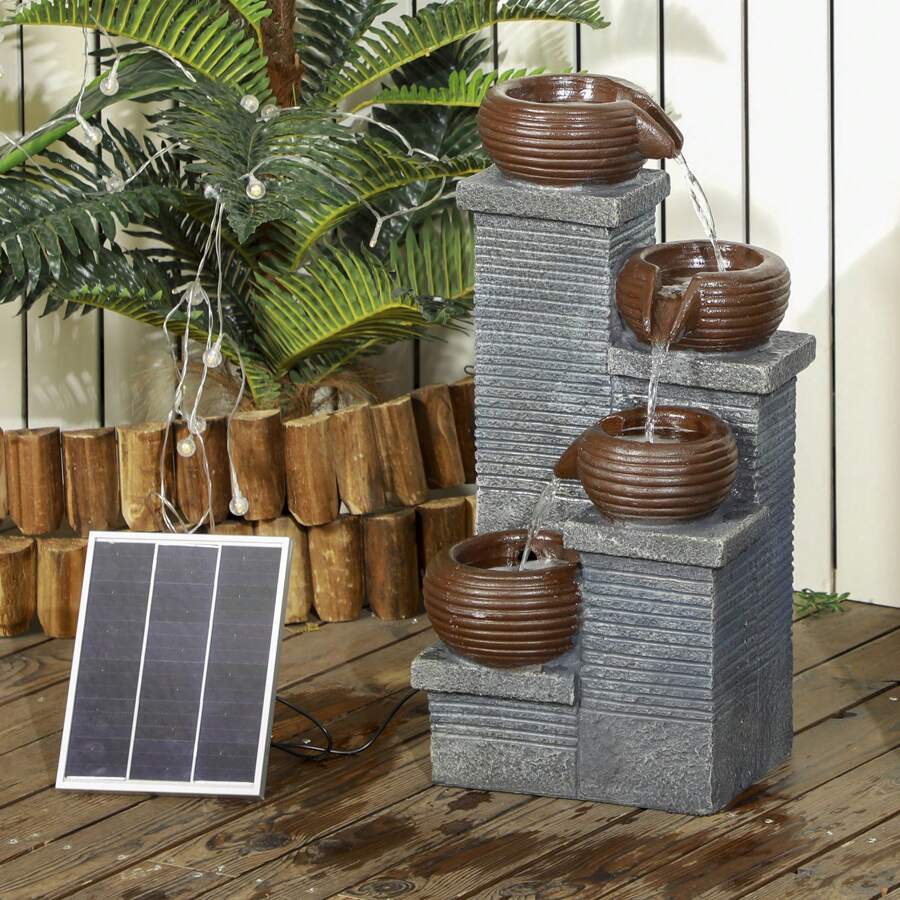 Outsunny Solar Powered Garden Water Feature With LED Lights And Pump, 4 ...